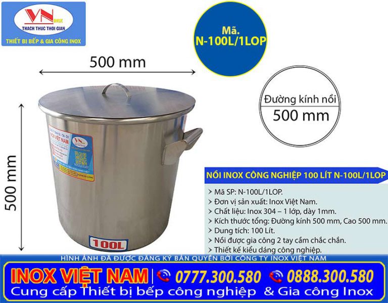 Nồi Inox 304 Công Nghiệp Cao Cấp 100L 1 Lớp N-100L/1LOP | Thiết Bị Bếp Inox Công Nghiệp