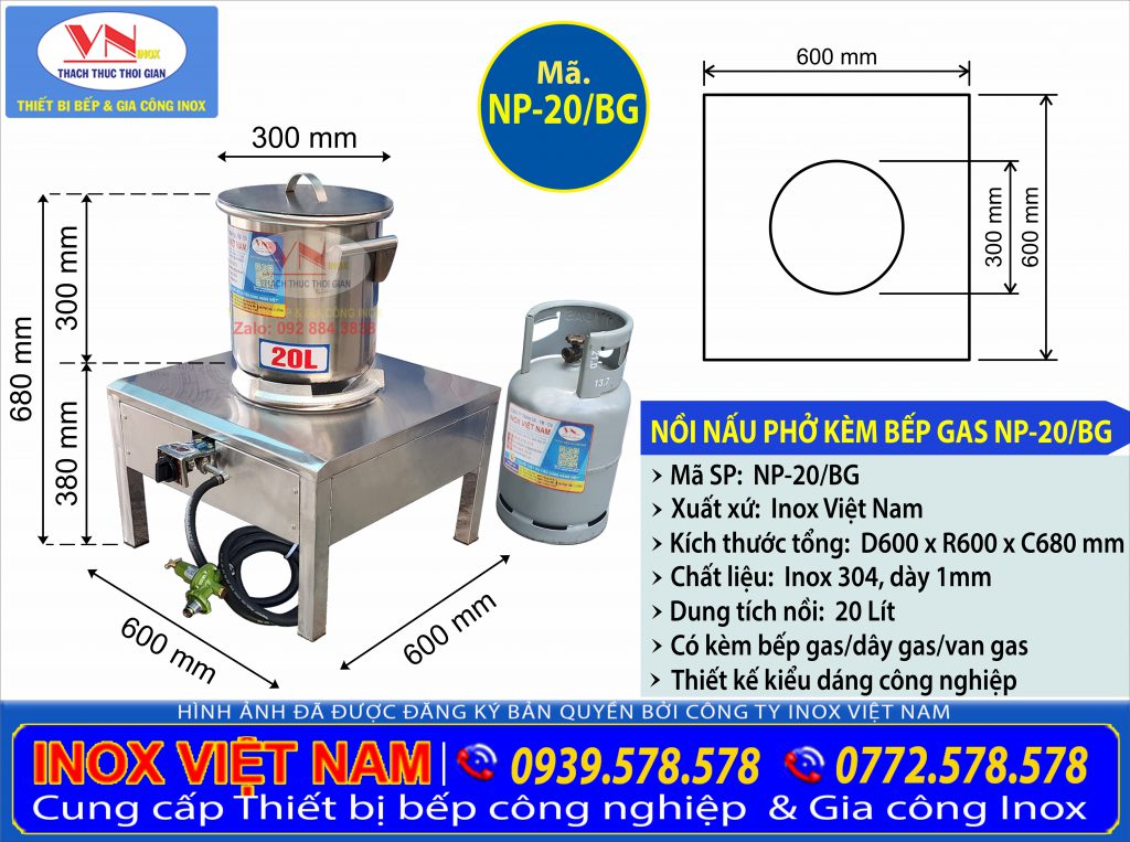 Nồi Nấu Phở Inox 20L Kèm Bếp Gas NP-20/BG | Nồi Nấu Phở Bằng Ga Giá Rẻ